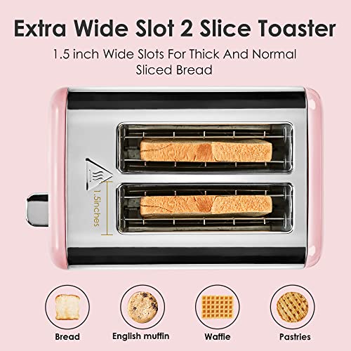 Pink Toaster, REDMOND Toaster 2 Slice with LED Touch Screen and Digital Countdown Timer, Stainless Steel Toaster with Extra Wide Slot and Cancel Defrost Reheat Function, 6 Shade Settings