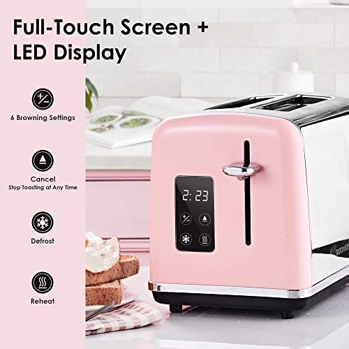 Pink Toaster, REDMOND Toaster 2 Slice with LED Touch Screen and Digital Countdown Timer, Stainless Steel Toaster with Extra Wide Slot and Cancel Defrost Reheat Function, 6 Shade Settings