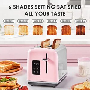 Pink Toaster, REDMOND Toaster 2 Slice with LED Touch Screen and Digital Countdown Timer, Stainless Steel Toaster with Extra Wide Slot and Cancel Defrost Reheat Function, 6 Shade Settings