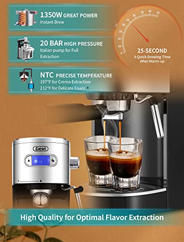 Gevi Espresso Machines 20 Bar Fast Heating Automatic Cappuccino Coffee Maker with Foaming Milk Frother Wand for Espresso, 1.2L Removable Water Tank, Double Temperature Control System 1350W, Black