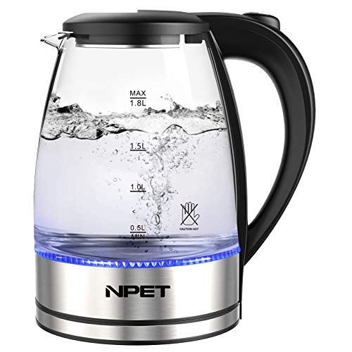 NPET EK20 1000W Electric Kettle Glass Tea Kettle With BPA-Free, 1.8L Cordless Portable Water Glass Boiler With LED Light, Auto-Shutoff And Boil-Dry Protection Teapot, Stainless Steel Kettle