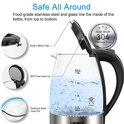 NPET EK20 1000W Electric Kettle Glass Tea Kettle With BPA-Free, 1.8L Cordless Portable Water Glass Boiler With LED Light, Auto-Shutoff And Boil-Dry Protection Teapot, Stainless Steel Kettle