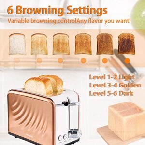 Cotomier Toaster 2 Slice, Rose Gold Stainless Steel Retro Toaster with Defrost Bagel Cancel Function & 6 Shade Settings