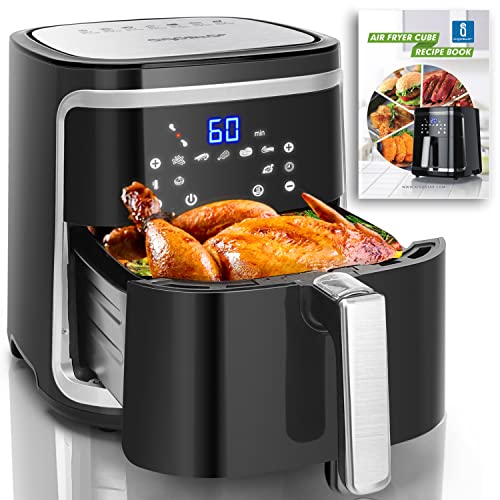 7.4 QT Air Fryer(Recipes), 9 in 1 Aigostar Air Fryer Oilless Oven with 8 Presets + Manual Mode, LED Touchscreen, Removable Nonstick Basket & Drawer Dishwasher Safe Square Design Basket.