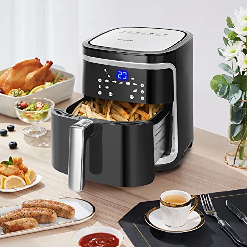 7.4 QT Air Fryer(Recipes), 9 in 1 Aigostar Air Fryer Oilless Oven with 8 Presets + Manual Mode, LED Touchscreen, Removable Nonstick Basket & Drawer Dishwasher Safe Square Design Basket.