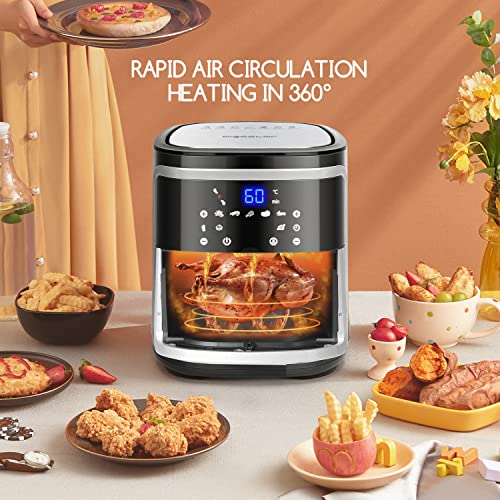 7.4 QT Air Fryer(Recipes), 9 in 1 Aigostar Air Fryer Oilless Oven with 8 Presets + Manual Mode, LED Touchscreen, Removable Nonstick Basket & Drawer Dishwasher Safe Square Design Basket.