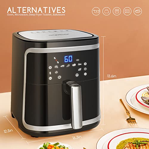 7.4 QT Air Fryer(Recipes), 9 in 1 Aigostar Air Fryer Oilless Oven with 8 Presets + Manual Mode, LED Touchscreen, Removable Nonstick Basket & Drawer Dishwasher Safe Square Design Basket.