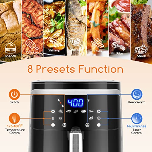 7.4 QT Air Fryer(Recipes), 9 in 1 Aigostar Air Fryer Oilless Oven with 8 Presets + Manual Mode, LED Touchscreen, Removable Nonstick Basket & Drawer Dishwasher Safe Square Design Basket.