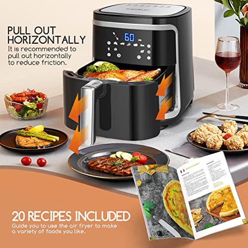 7.4 QT Air Fryer(Recipes), 9 in 1 Aigostar Air Fryer Oilless Oven with 8 Presets + Manual Mode, LED Touchscreen, Removable Nonstick Basket & Drawer Dishwasher Safe Square Design Basket.