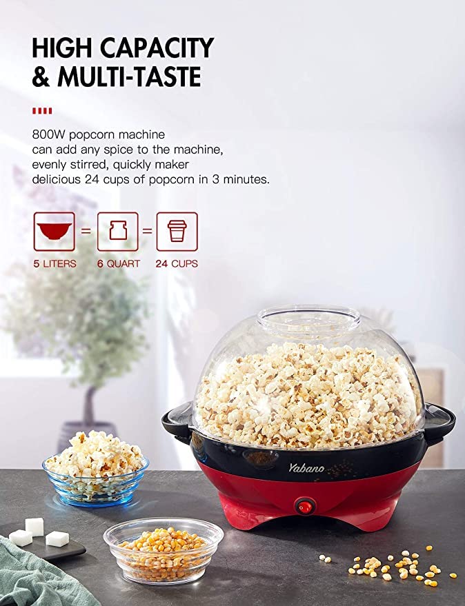 Popcorn Machine, 6-Quart Popcorn Popper maker, Nonstick Plate, Electric Stirring with Quick-Heat Technology, Cool Touch Handles (Red&Black)