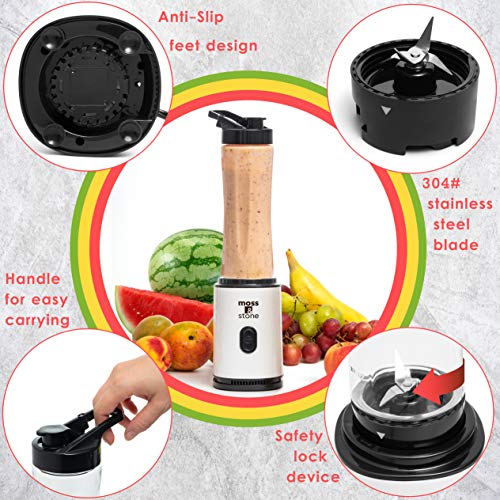 Moss & Stone Personal Blender Single Serve Shake & Smoothies Maker with Portable Travel Sport Bottle - Mini Juicer, Single Serve Blender for Smoothies and Shakes - Bottle 20 oz White & Black)