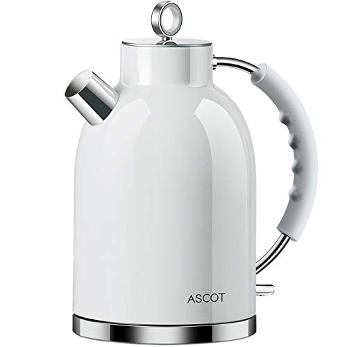 Electric Kettle, ASCOT Stainless Steel Electric Tea Kettle, 1.7QT, 1500W, BPA-Free, Cordless, Automatic Shut-off, Fast Boiling Water Heater - White