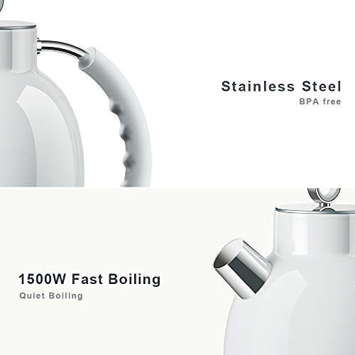 Electric Kettle, ASCOT Stainless Steel Electric Tea Kettle, 1.7QT, 1500W, BPA-Free, Cordless, Automatic Shut-off, Fast Boiling Water Heater - White