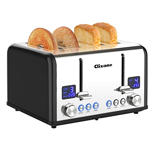 Toaster 4 Slice,1.5"Extra Wide Slot Stainless Toaster with Bagel Defrost Cancel Function, Dual Screen, Removal Crumb Tray (Black)