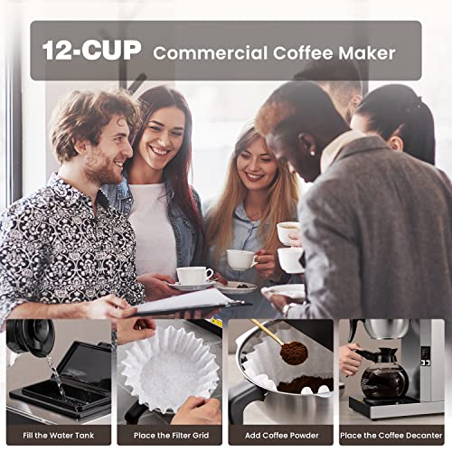 SYBO 12-Cup Commercial Drip Coffee Maker, Pour Over Coffee Maker Brewer with 2 Glass Carafes and Warmers, Stainless Steel Cafetera SF-CB-2GA