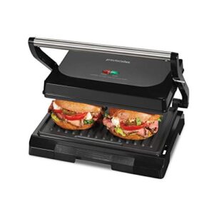 proctor silex 4 serving panini press, sandwich maker and compact indoor grill, upright storage, easy clean nonstick grids, black (25440ps)