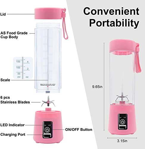 WENPIC-Portable Blender USB Rechargeable - Portable Blender for Shakes & Smoothies - 6 Blades, Fruit & Vegetable Juicer - For Travel Sports Kitchen - Mini Blend Jet 2 Portable Blender (Upgraded Version, Pink)