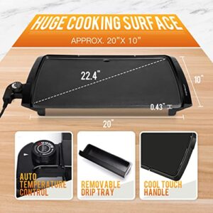 Aigostar Electric Griddle Nonstick 1500W Pancake Griddle 8-Serving Electric Indoor Grill 5-Level Control with Adjustable Temperature & Oil Drip Tray for Easy Cleaning, 20” x 10” Family-Sized, Black