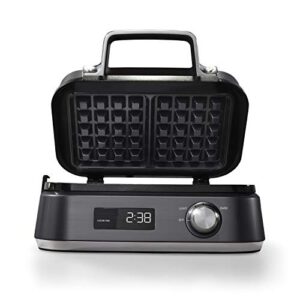 calphalon intellicrisp belgian waffle maker with led display timer and ceramic cooking plates, makes 2 waffles, dark stainless steel