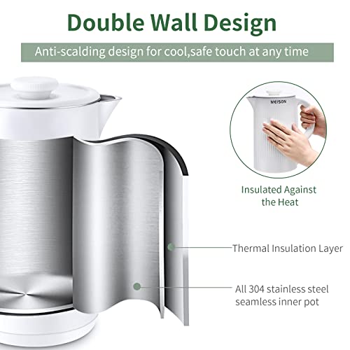 Electric Kettles Stainless Steel for Boiling Water, Double Wall Hot Water Boiler Heater, Cool Touch Electric Teapot, Auto Shut-Off & Boil-Dry Protection, 120V/1200W, 1.7 Liter, 2 Year Warranty(white)