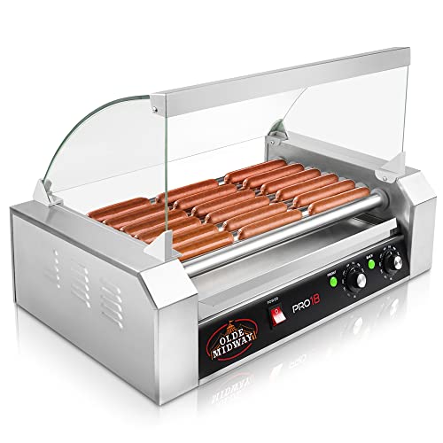 Olde Midway PRO18 Electric Grill Cooker Machine, 18 Hot Dog 7 Roller with Cover, Commercial Grade, Stainless Steel