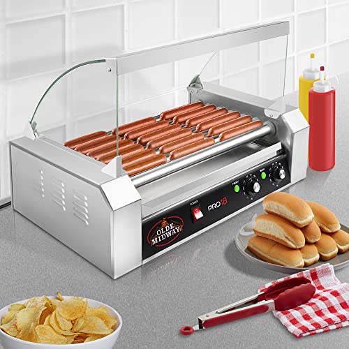 Olde Midway PRO18 Electric Grill Cooker Machine, 18 Hot Dog 7 Roller with Cover, Commercial Grade, Stainless Steel