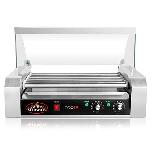 Olde Midway PRO18 Electric Grill Cooker Machine, 18 Hot Dog 7 Roller with Cover, Commercial Grade, Stainless Steel