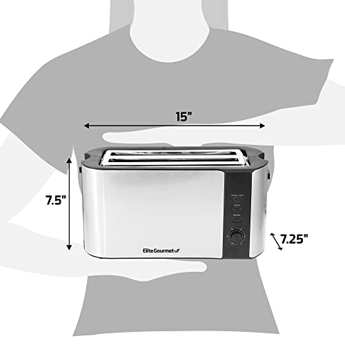 Elite Gourmet ECT-3100# Long Slot 4 Slice Toaster, Reheat, 6 Toast Settings, Defrost, Cancel Functions, Built-in Warming Rack, Extra Wide Slots for Bagels Waffles, Stainless Steel & Black