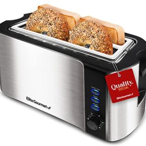 Elite Gourmet ECT-3100# Long Slot 4 Slice Toaster, Reheat, 6 Toast Settings, Defrost, Cancel Functions, Built-in Warming Rack, Extra Wide Slots for Bagels Waffles, Stainless Steel & Black