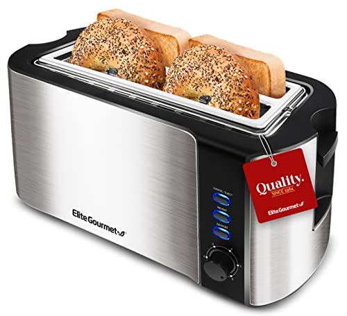 Elite Gourmet ECT-3100# Long Slot 4 Slice Toaster, Reheat, 6 Toast Settings, Defrost, Cancel Functions, Built-in Warming Rack, Extra Wide Slots for Bagels Waffles, Stainless Steel & Black