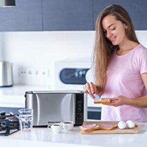 Elite Gourmet ECT-3100# Long Slot 4 Slice Toaster, Reheat, 6 Toast Settings, Defrost, Cancel Functions, Built-in Warming Rack, Extra Wide Slots for Bagels Waffles, Stainless Steel & Black