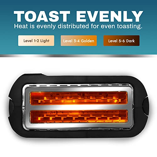 Elite Gourmet ECT-3100# Long Slot 4 Slice Toaster, Reheat, 6 Toast Settings, Defrost, Cancel Functions, Built-in Warming Rack, Extra Wide Slots for Bagels Waffles, Stainless Steel & Black