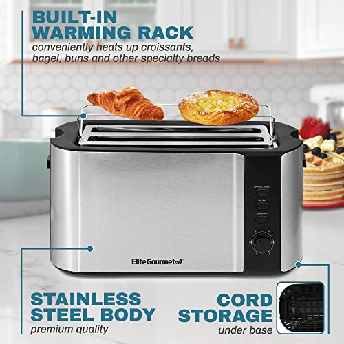 Elite Gourmet ECT-3100# Long Slot 4 Slice Toaster, Reheat, 6 Toast Settings, Defrost, Cancel Functions, Built-in Warming Rack, Extra Wide Slots for Bagels Waffles, Stainless Steel & Black