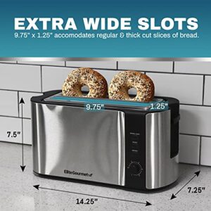 Elite Gourmet ECT-3100# Long Slot 4 Slice Toaster, Reheat, 6 Toast Settings, Defrost, Cancel Functions, Built-in Warming Rack, Extra Wide Slots for Bagels Waffles, Stainless Steel & Black