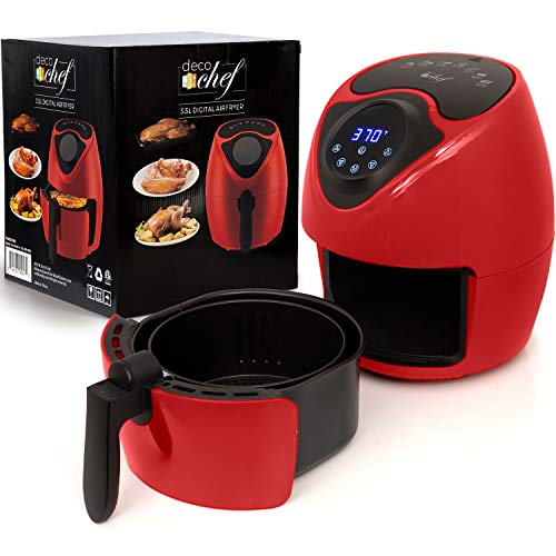 Deco Chef XL 14.5 Cup 3.7 QT Digital Air Fryer Cooker With 7 Smart Programs, Healthy Oil Free Cooking, LED Touch Screen, Non-Stick Coated Basket, Timer, and Cookbook (Red)