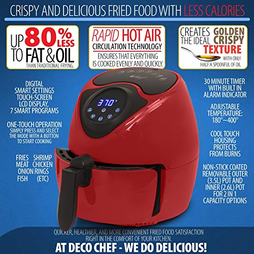 Deco Chef XL 14.5 Cup 3.7 QT Digital Air Fryer Cooker With 7 Smart Programs, Healthy Oil Free Cooking, LED Touch Screen, Non-Stick Coated Basket, Timer, and Cookbook (Red)