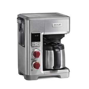 wolf gourmet programmable coffee maker system with 10 cup thermal carafe, built-in grounds scale, removable reservoir, red knob, stainless steel (wgcm100s)