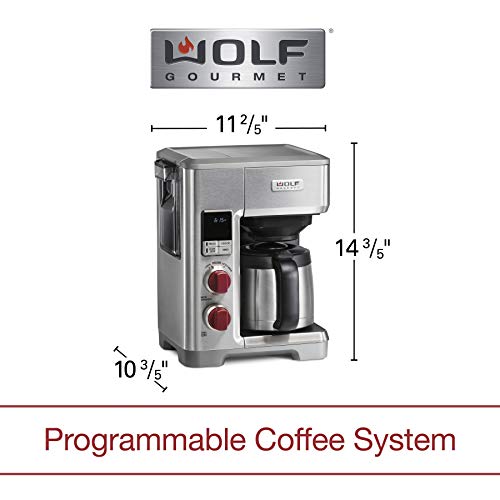 Wolf Gourmet Programmable Coffee Maker System with 10 Cup Thermal Carafe, Built-In Grounds Scale, Removable Reservoir, Red Knob, Stainless Steel (WGCM100S)