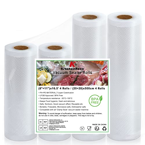 KitchenBoss Vacuum Sealer Bags Rolls, 2 Packs 8"x16.5' and 2 Packs 11"x16.5' Food Sealer Saver Bags, Freezer Bags for Vacuum Sealer