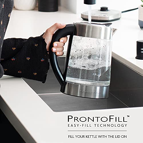 Ovente Glass Electric Kettle Hot Water Boiler 1.7 Liter ProntoFill Tech Portable Kettle w/ Set Temperature Control, 1500W Keep Warm BPA Free w/ Stainless Steel Base - KG733S + Glass Tea Pot Infuser