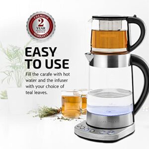 Ovente Glass Electric Kettle Hot Water Boiler 1.7 Liter ProntoFill Tech Portable Kettle w/ Set Temperature Control, 1500W Keep Warm BPA Free w/ Stainless Steel Base - KG733S + Glass Tea Pot Infuser