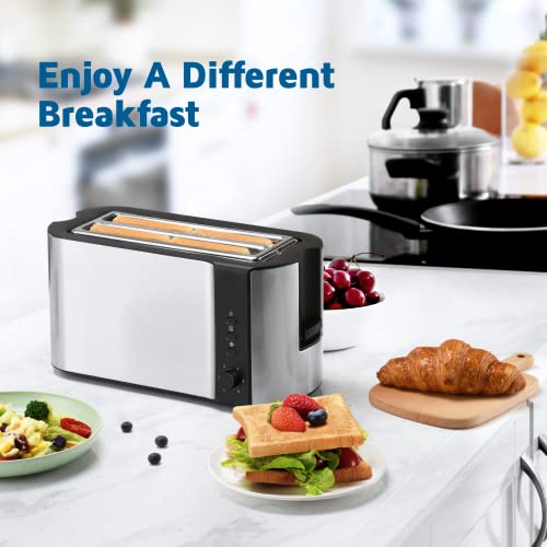 Toaster 4 Slice, Long Slot Toaster Stainless Steel Toaster, 2 Slice Toaster for Bagel Bread, Built-in Warming Rack Bread Toaster, Defrost/Reheat/Cancel Stylish Design, Compact Toaster 1300W, Silver