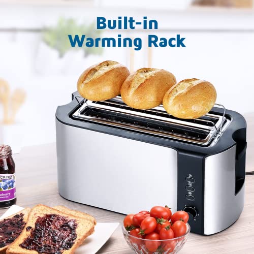 Toaster 4 Slice, Long Slot Toaster Stainless Steel Toaster, 2 Slice Toaster for Bagel Bread, Built-in Warming Rack Bread Toaster, Defrost/Reheat/Cancel Stylish Design, Compact Toaster 1300W, Silver