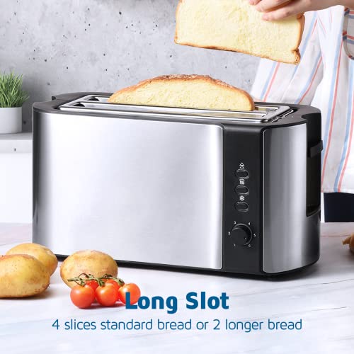 Toaster 4 Slice, Long Slot Toaster Stainless Steel Toaster, 2 Slice Toaster for Bagel Bread, Built-in Warming Rack Bread Toaster, Defrost/Reheat/Cancel Stylish Design, Compact Toaster 1300W, Silver