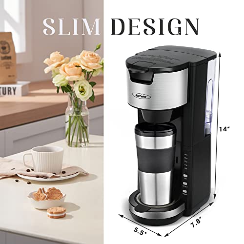 Sunvivi 2 In 1 Single Serve Coffee Maker For Single Cup Pods & Ground Coffee, One Cup Coffee Maker with 30 Oz Detachable Reservoir, 3 levels Adjustable Drip Tray Suitable for 7" Travel Tumbler