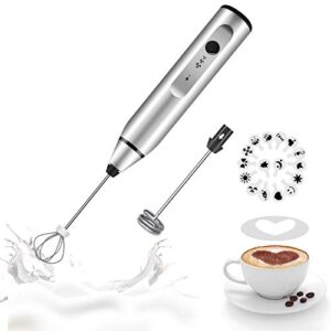 milk frother handheld, gbivbe rechargeable whisk drink mixer for coffee with art stencils, coffee mixer for cappuccino, hot chocolate match, frappe, hot chocolate, egg whisk