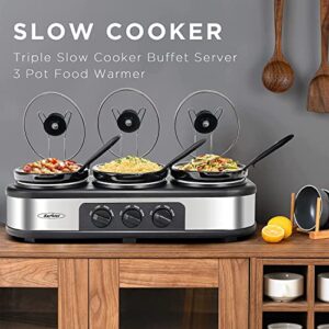 Sunvivi Triple Slow Cooker with 3 Spoons, 3 Pot Crock Food Warmers for Parties Buffet Server, Mini Slow Cooker Pot for Dips, Perfect for Parties, Entertaining & Holidays