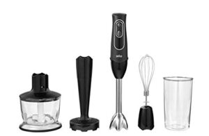 braun 4-in-1 immersion hand blender, powerful 350w stainless steel stick blender, multi-speed + 2-cup food processor, whisk, beaker, masher, easy to clean, black, multiquick mq537bk