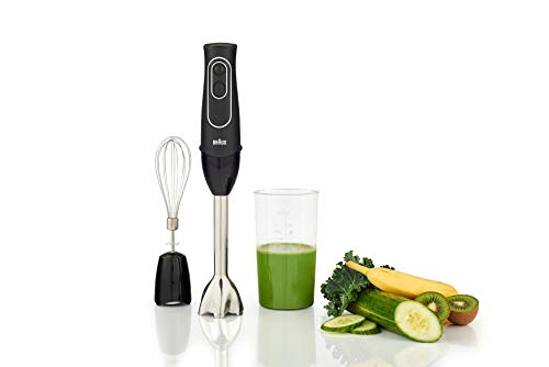 Braun 4-in-1 Immersion Hand Blender, Powerful 350W Stainless Steel Stick Blender, Multi-Speed + 2-Cup Food Processor, Whisk, Beaker, Masher, Easy to Clean, Black, MultiQuick MQ537BK