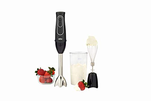 Braun 4-in-1 Immersion Hand Blender, Powerful 350W Stainless Steel Stick Blender, Multi-Speed + 2-Cup Food Processor, Whisk, Beaker, Masher, Easy to Clean, Black, MultiQuick MQ537BK